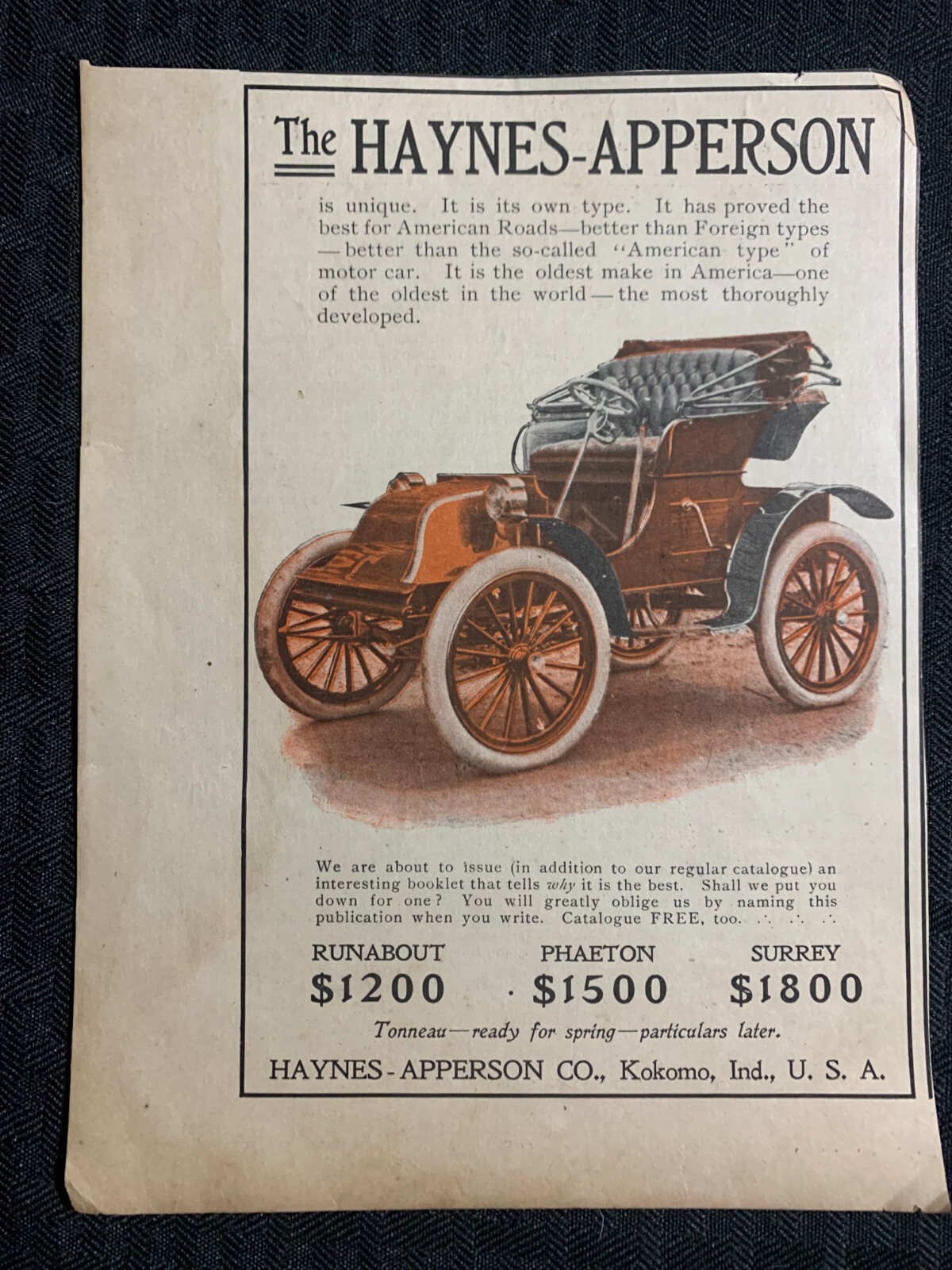 1908 HAYNES-APPERSON 6x8" Automotive Print Ad VG 4.0 Runabout Phaeton ...