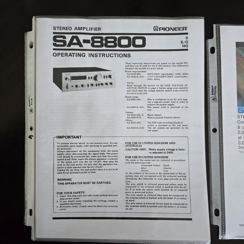 Pioneer Model SA-8800 Stereo Amplifier operating instructions/service ...