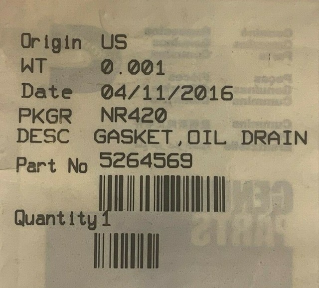 Genuine Cummins 5264569 Gasket Oil Drain for sale online | eBay
