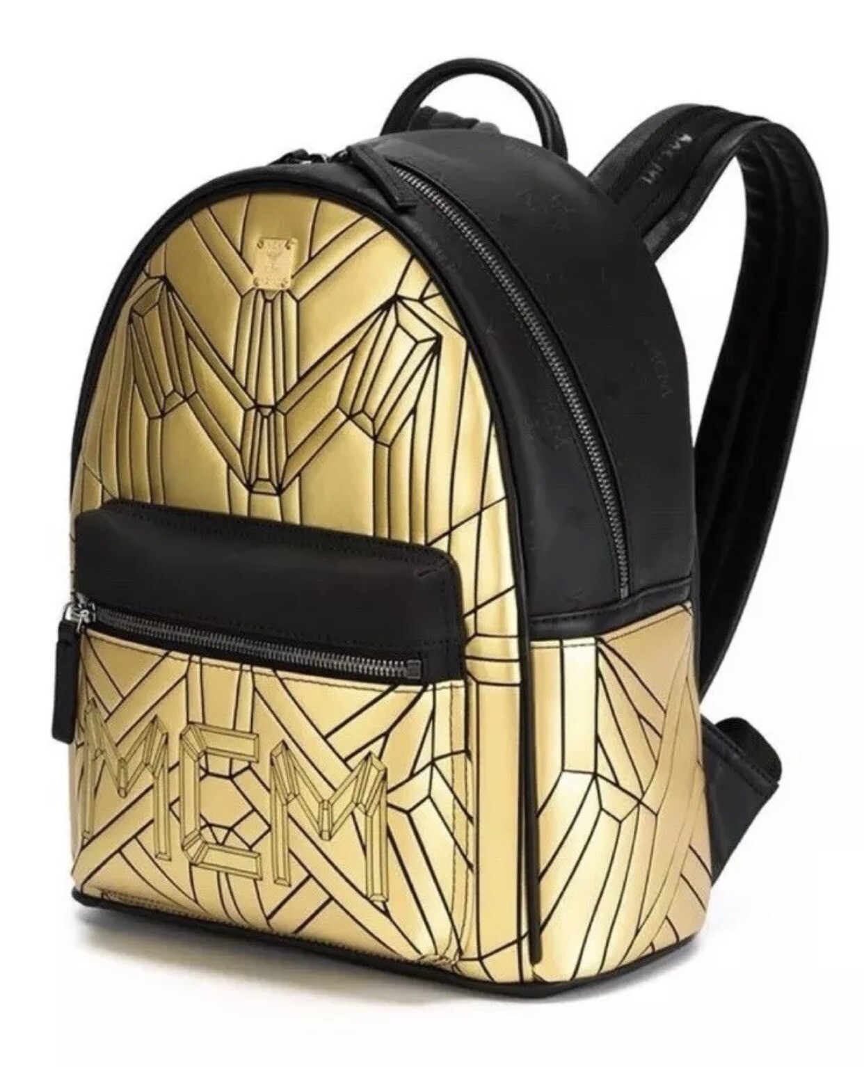 MCM Unisex Small Gold Black Leather Bionic Metallic Backpack + Dust bag ...