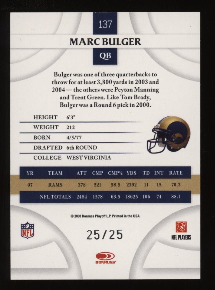 2008 Marc Bulger Donruss Threads Platinum Holofoil #25/25 *NICE* | eBay