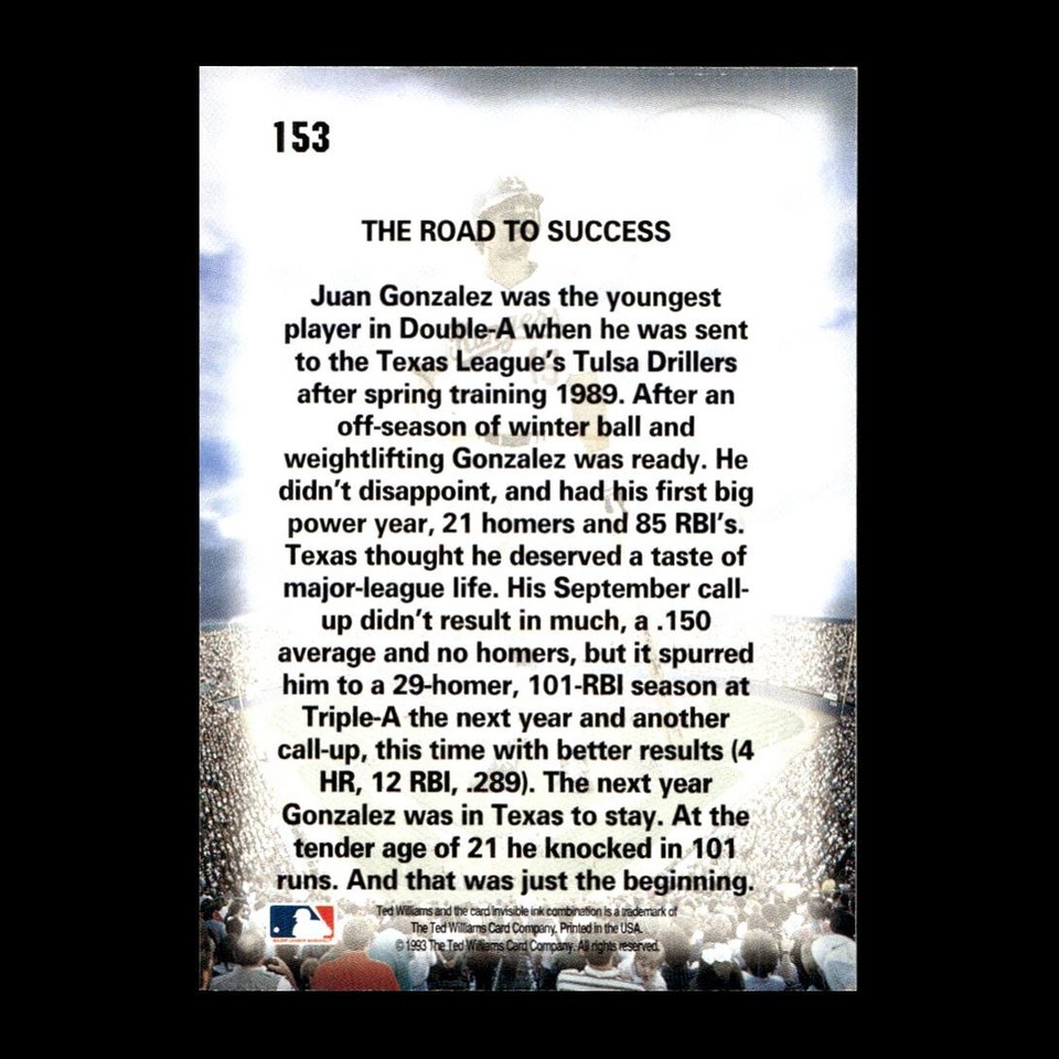 Juan Gonzalez 1993 Ted Williams Texas Rangers #153 R326P 134 | eBay