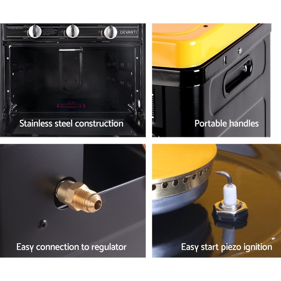 Devanti Portable Gas Oven & Stove LPG Black Camping Cooker Twin Burners ...