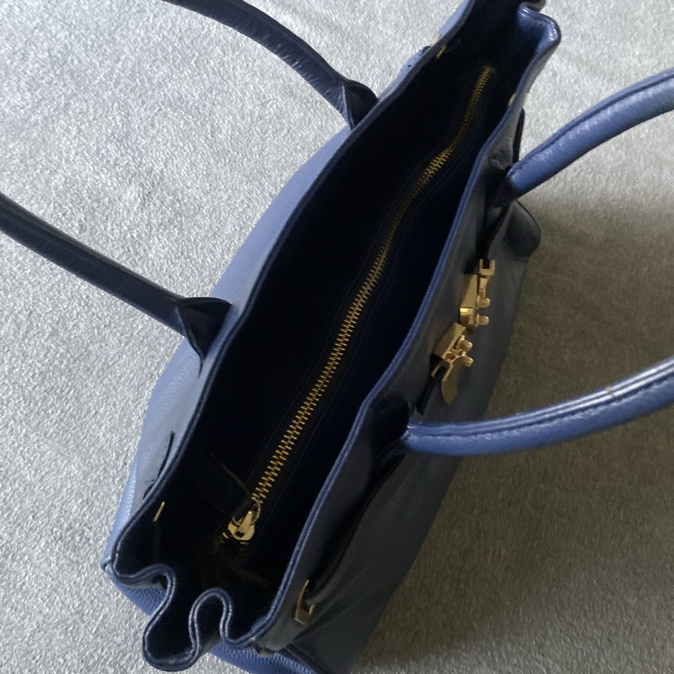 Onna Ehrlich Maya Double 100% Leather Navy Satchel Handbag Gold Tone Hardware | eBay