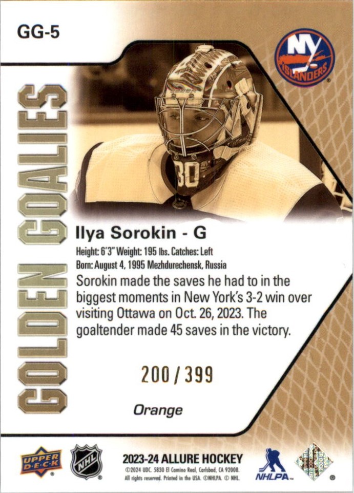 2023-24 Upper Deck Allure Golden Goalies Orange #GG5 Ilya Sorokin /399 ...
