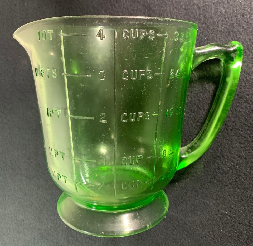 Vintage 4 Cup Uranium Green Depression Glass Measuring Cup & Hand Mixer ...
