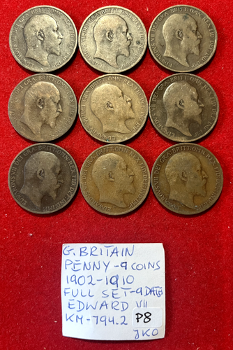 P8 Great Britain; Penny - Lot of 9 Coins full set of dates 1902-1910 ...