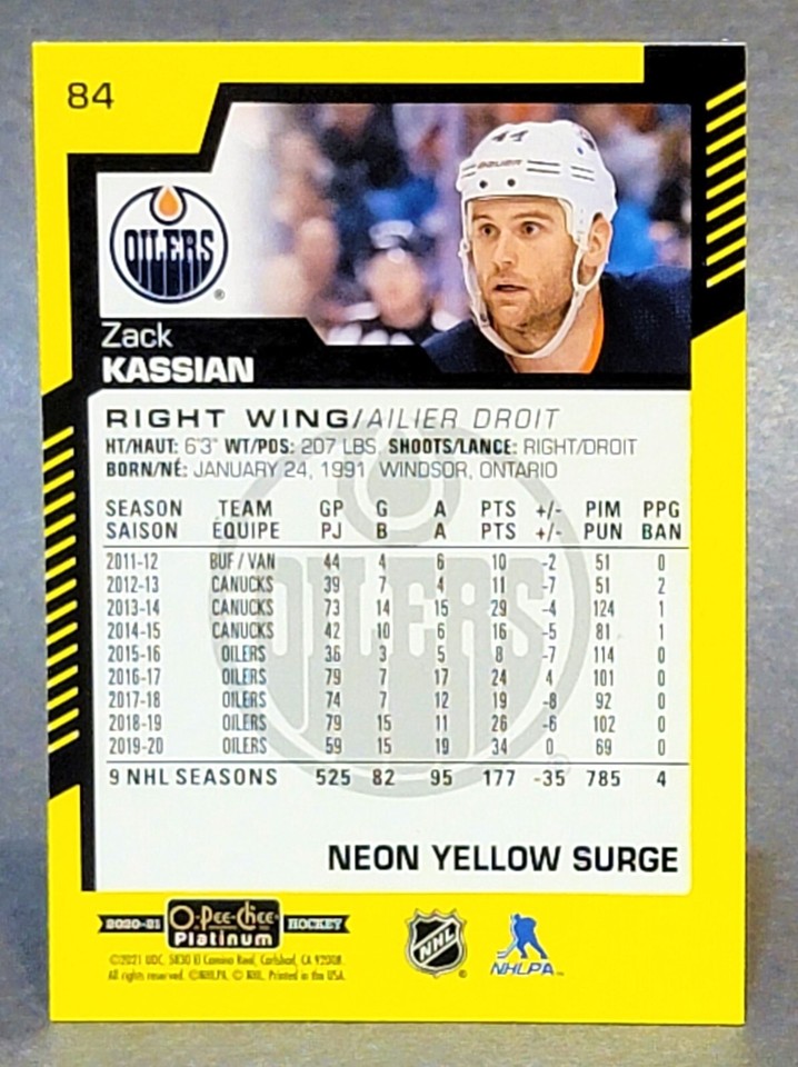 2020-21 O-Pee-Chee Platinum Neon Yellow Surge #84 Zack Kassian | eBay
