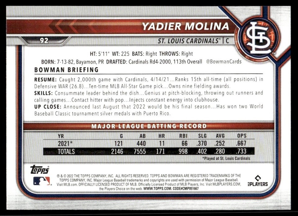 2022 Bowman Yadier Molina G42 St. Louis Cardinals #92 | eBay