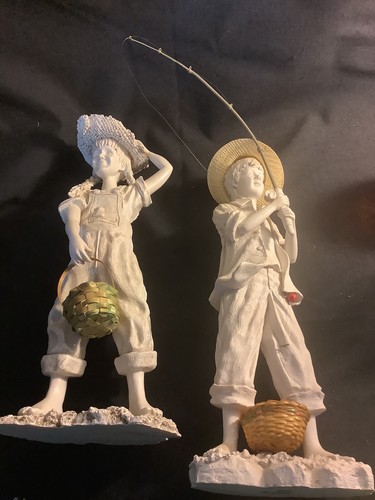 Vintage Country Boy & Girl Fishing Statues/Figures Resin 15” set RARE ...
