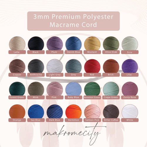 , Premium Polyester Macrame Cord 3mm x 131 Yards (394 feet) 3mm ...