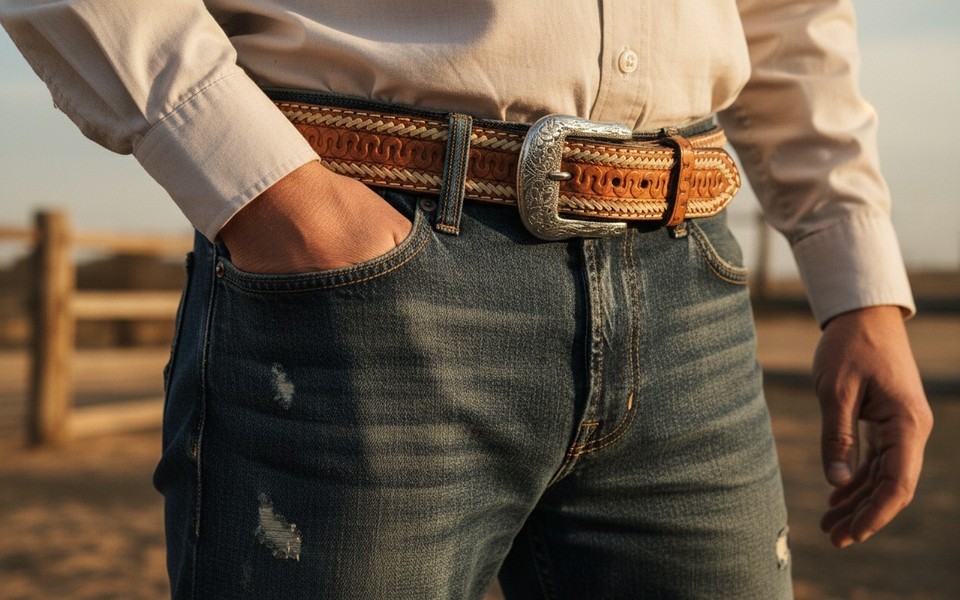 Western Cowboy Ranger Tooled‎ Tan Leather Belt Whip Stitch Serpentine ...