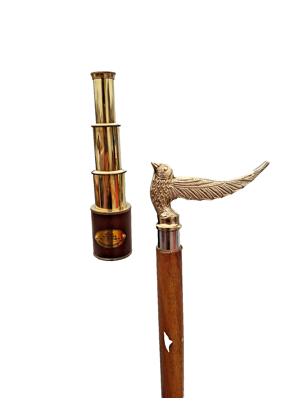 6" Victorian Brass Telescope & Bird Walking Stick Com… - Gem