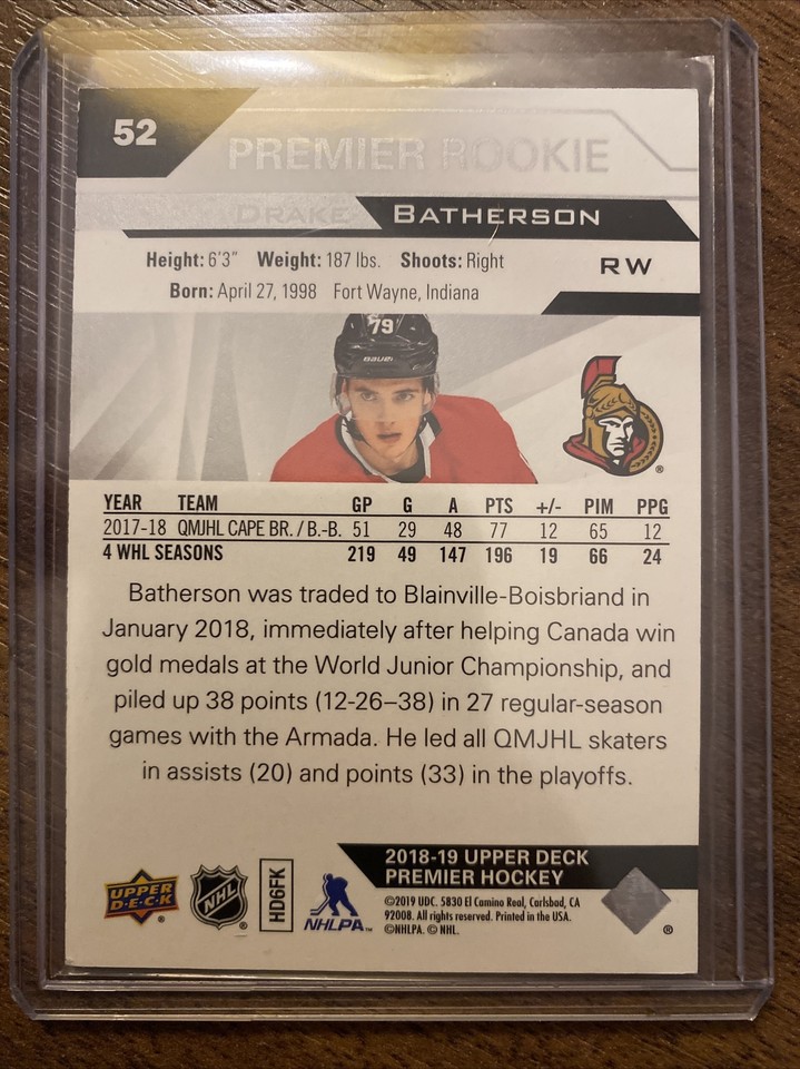 2018-19 UD Premier Rookie #/299 Drake Batherson #52 True RC Ottawa ...