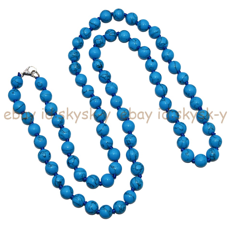 8/10/12mm Natural Blue Turquoise Round Gemstone Beaded Handmade Knotted ...