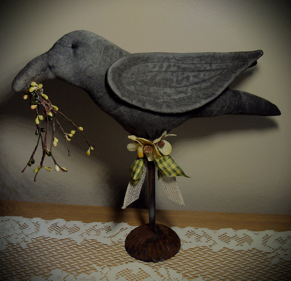 Primitive Folk Art Handmade Black Crow Doll Gothic Raven Vintage Bird ...