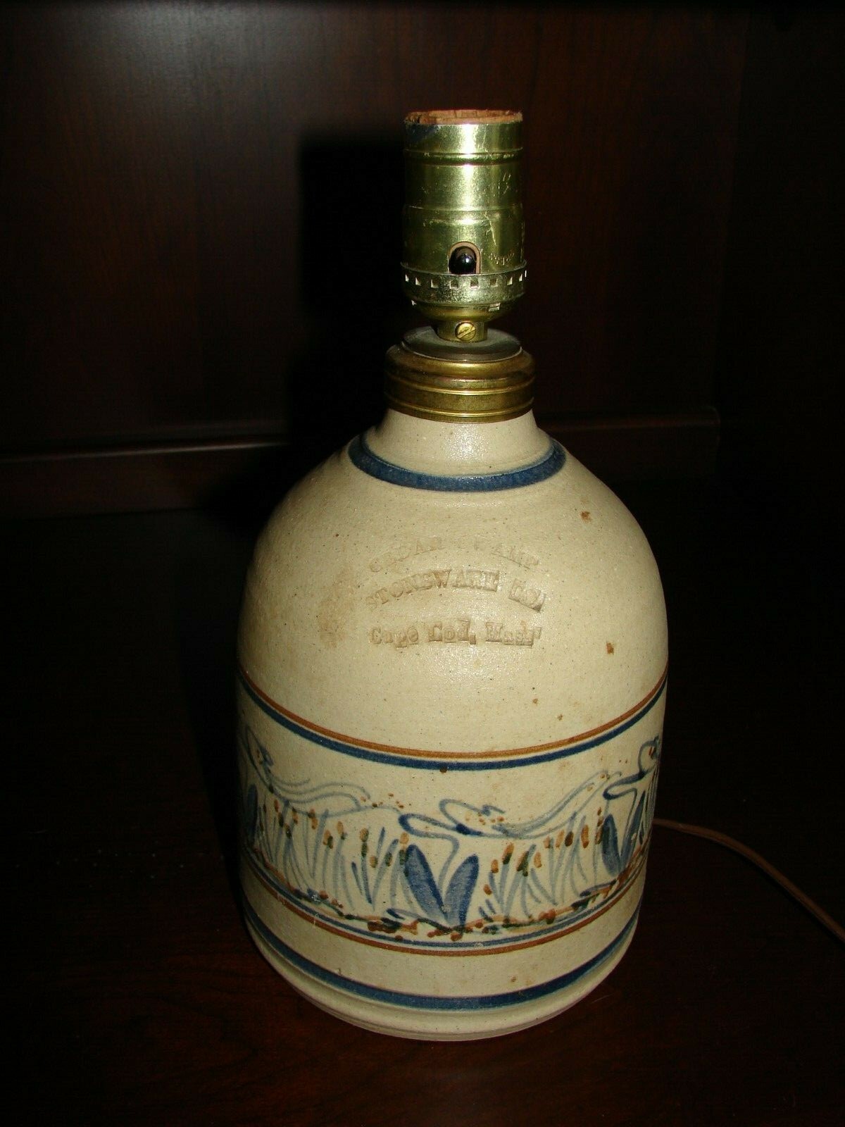 Cedar Swamp Stoneware Co Cape Cod Mass Blue Decorated Table Lamp Signed ...