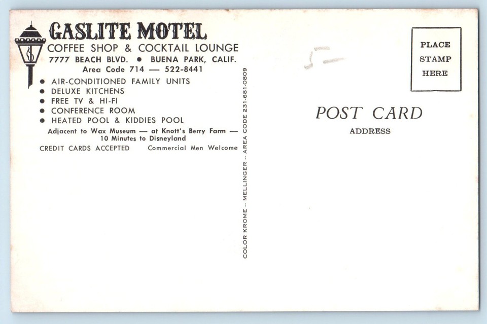Buena Park California Postcard Gaslite Motel Coffee Shop Cocktail ...