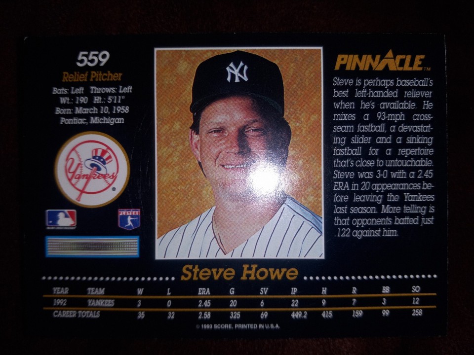 Vintage 1993 Pinnacle Steve Howe P New York Yankees Baseball Team MLB ...