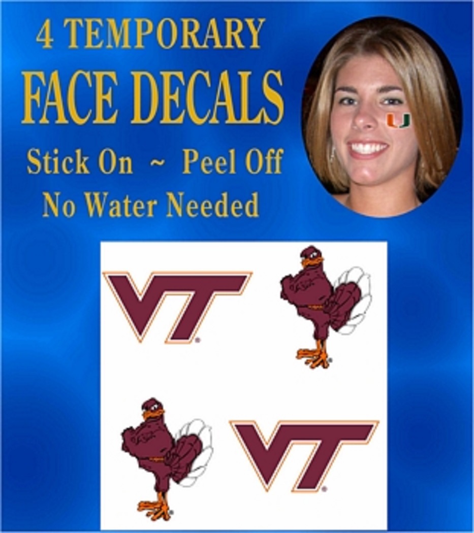 Virginia Tech Hokies Face & Body Decals Temp Tattoos Set of 4 NCAA ...