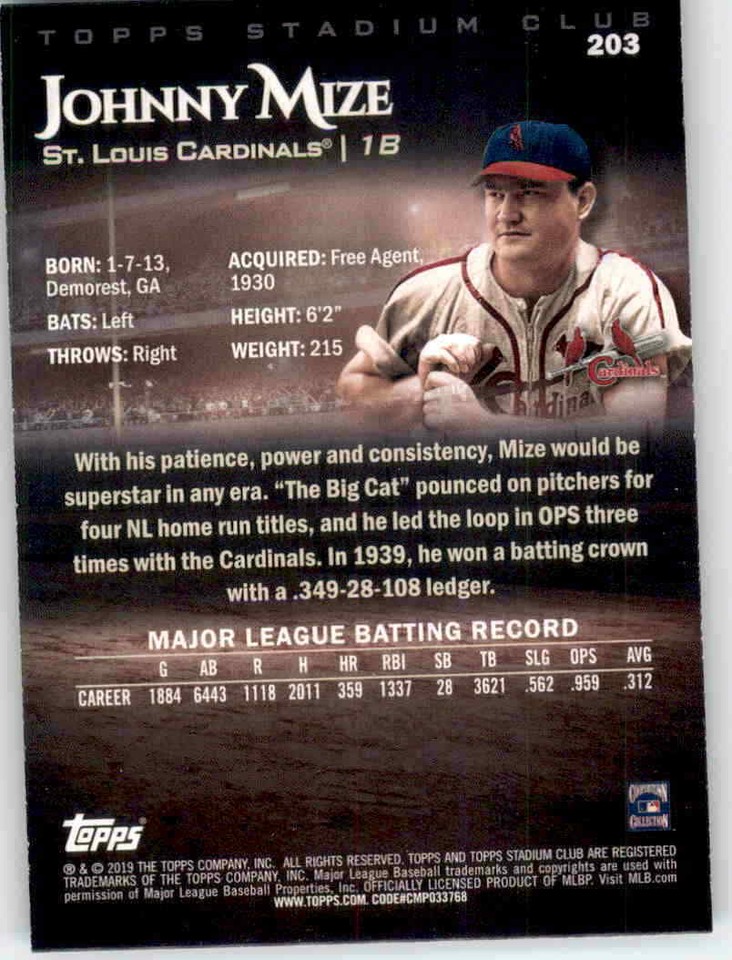 2019 Stadium Club Johnny Mize Base Card MLB PWE Cardinals #203 | eBay
