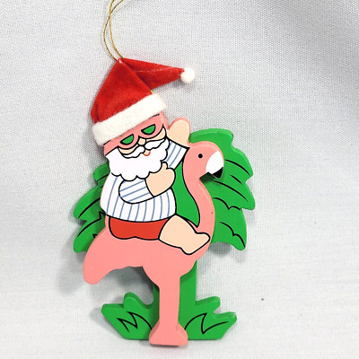 Santa Claus Riding a Pink Flamingo Christmas Ornaments Palm Tree Beach ...