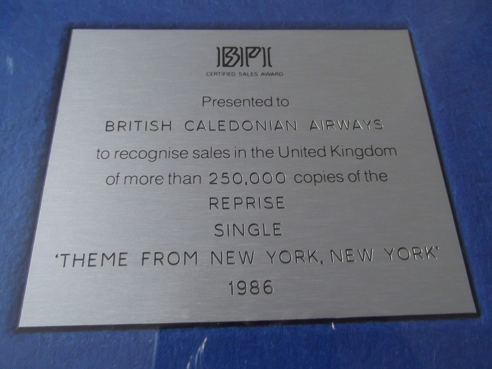 BCal & Sinatra's “New York, New York” - Genuine BPI Silver Record Award ...