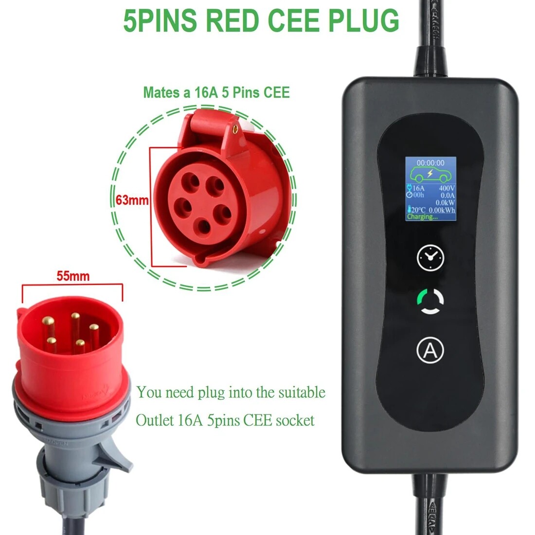 Mobile Wallbox EV 11kW Typ 2 Kabellänge 5m 16A 3Phasig CEE 5polig 11 kW