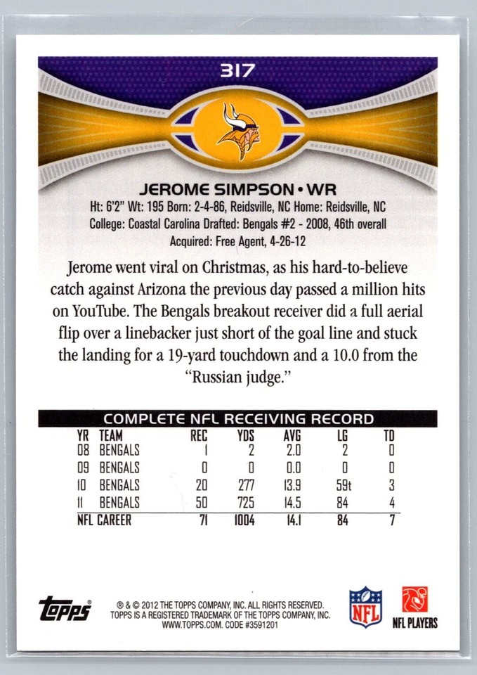 2012 TOPPS CARD # 317 Jerome Simpson - Minnesota Vikings | eBay