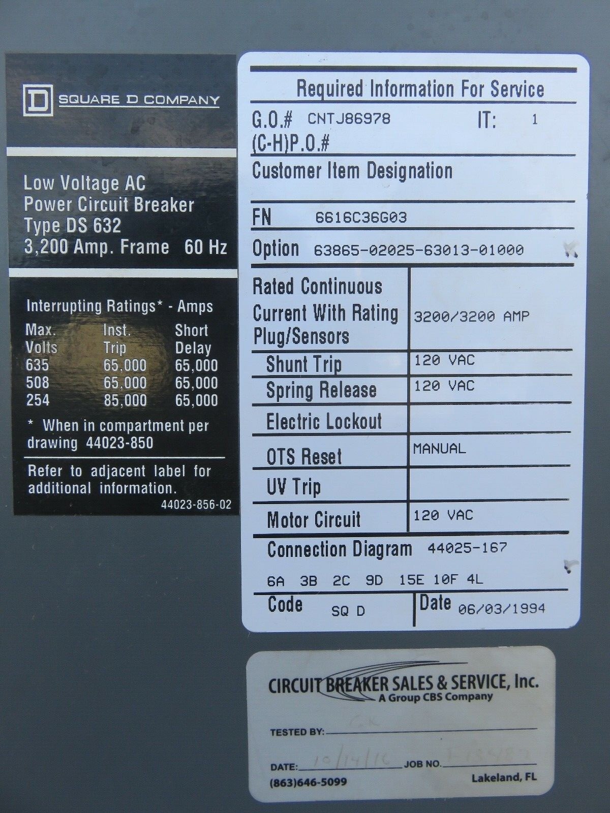 Square D DS-632 3200A Frame 3200A Sensors/RP Air Circuit Breaker DS632 ...