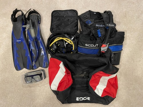 SCUBA Set - BCD/Reg/Depth, PSI Gauges/Compass/Fins/Mask/Snorkel/Bags ...