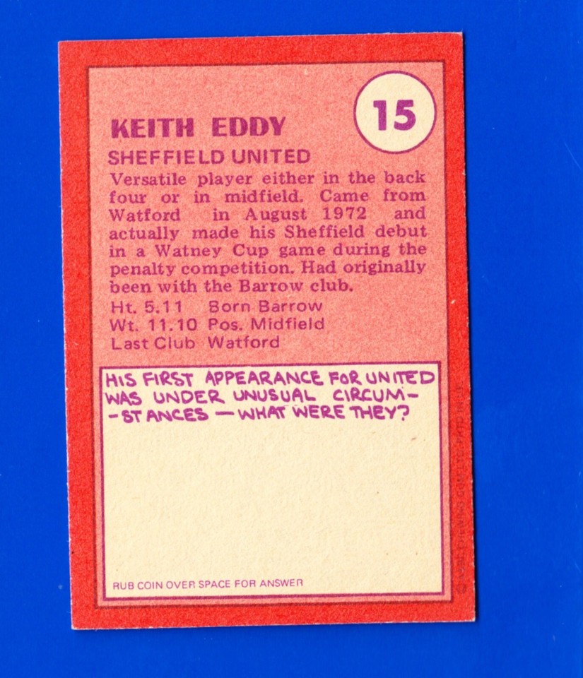 1974-1975 A&BC SHEFFIELD UNITED Keith Eddy #15 Crease-free SET BREAK S ...