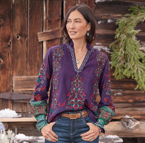 SUNDANCE Livia Floral Embroidered Top Blouse Small Plum Purple Colorful ...