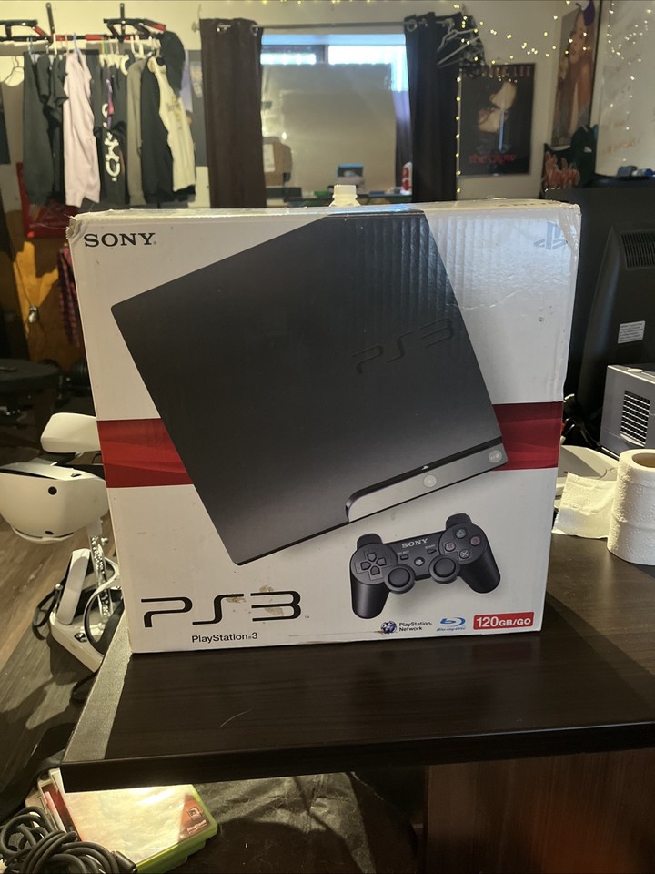 Broken PS3 120GB Slim TURNS ON. BLUE SCREEN. WITH BOX. AS IS. READ ...
