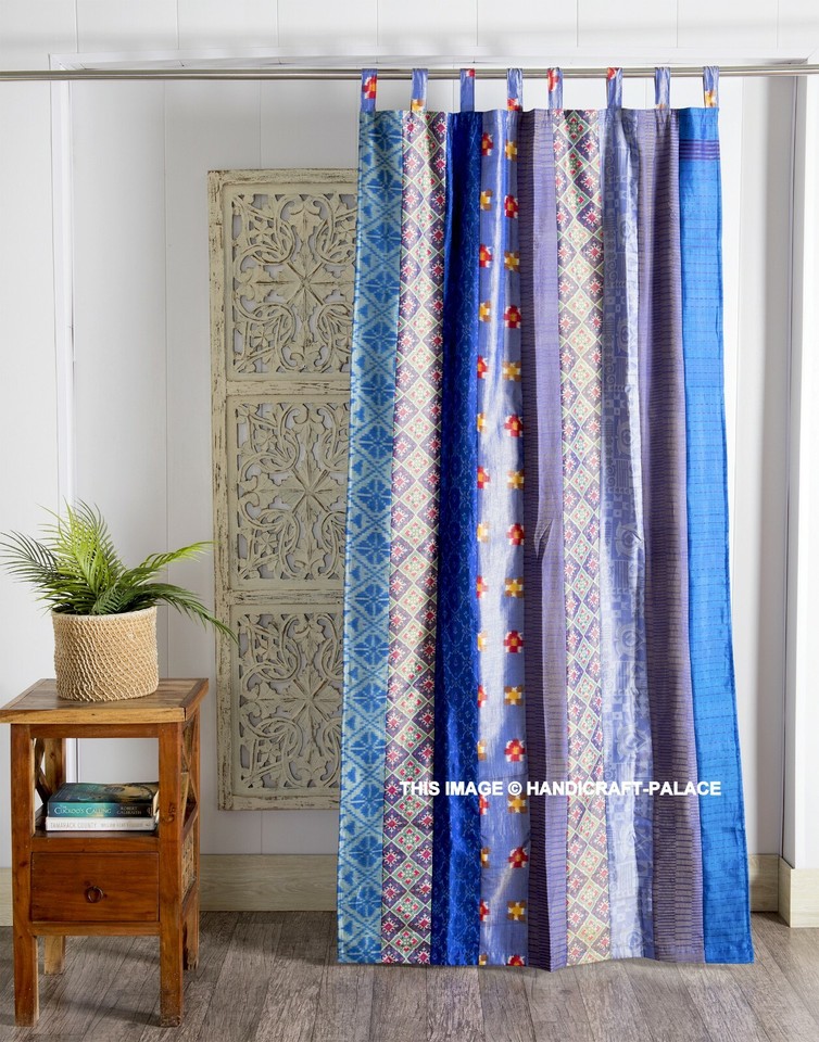 2 Pcs Indian Vintage Sari Patchwork Curtain Drape Window Decor Silk ...