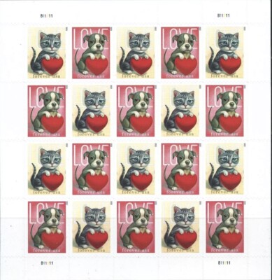 Mint US Love: Kitten & Puppy Pane of 20 Forever Stamps Scott# 5745-5746 ...