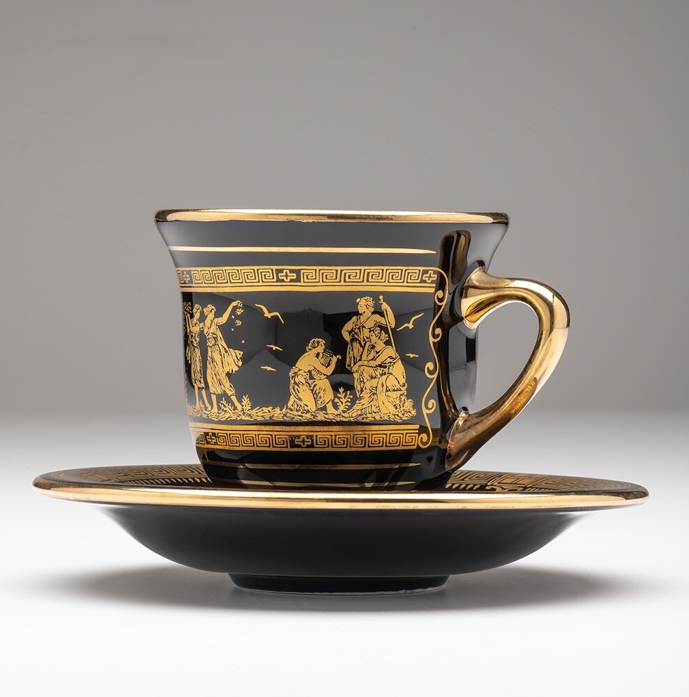 Classic Greek Pottery: Cobalt Blue & 24kt Gold Coffee Cup & Saucer | eBay