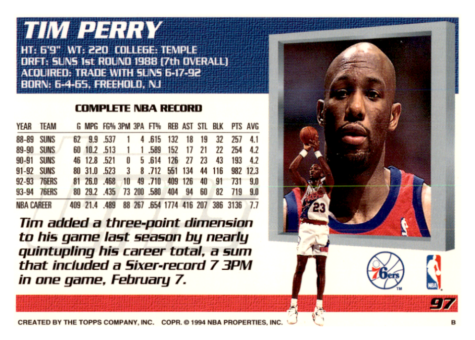 1994-95 Topps #97 Tim Perry NM Near Mint 76ers ID:45164 | eBay