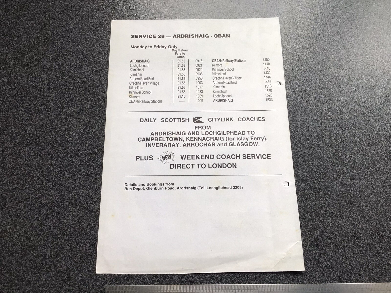 Midland Scottish Bus Group Route 28 Timetable May 1985 Oban Ardrishaig ...