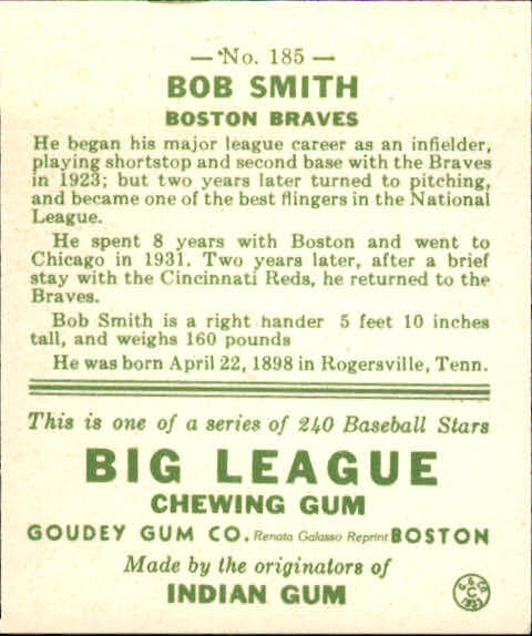 1983 Galasso 1933 Goudey Reprint #185 Bob Smith | eBay