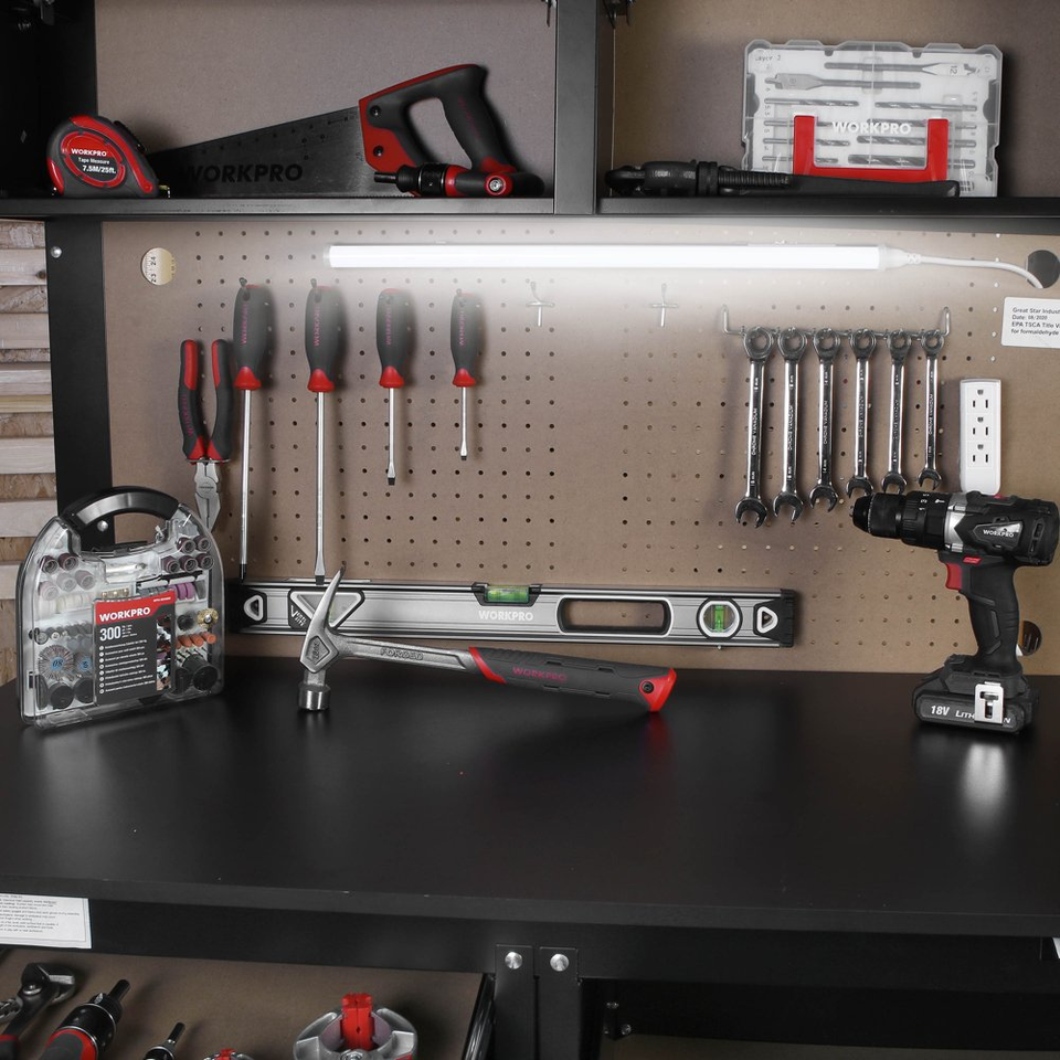 GARAGE WORKBENCH CABINET COMBO 4-Ft with Light and Tool Pegboard, Steel ...