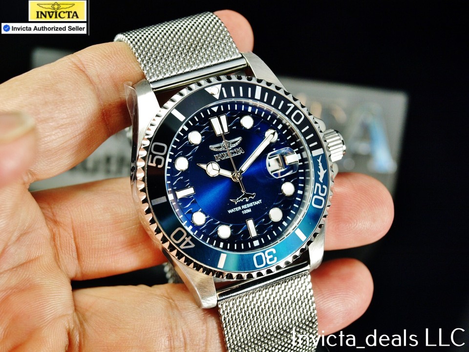 Invicta Men's 43mm Pro Diver HAMMERHEAD BLUE DIAL Mesh Bracelet Silver ...