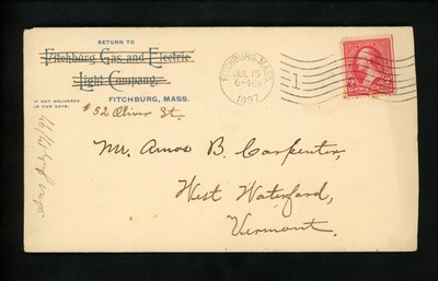 US Postal History #279B CC Gas Electric Light 1897 Fitchburg MA to ...