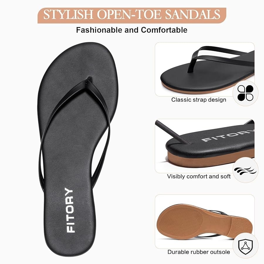 Fitory *Black Flip Flops *Women Size UK 7 *Leather Thong Sandals ...
