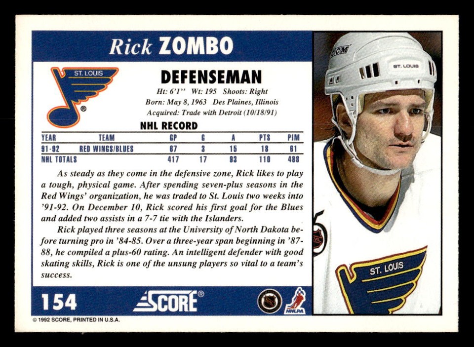 Rick Zombo 1992 Score #154 St. Louis Blues | eBay