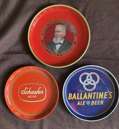 3 VINTAGE HENSLER'S POPULAR BEER & ALE METAL TRAYs Ballantine Schaefer ...