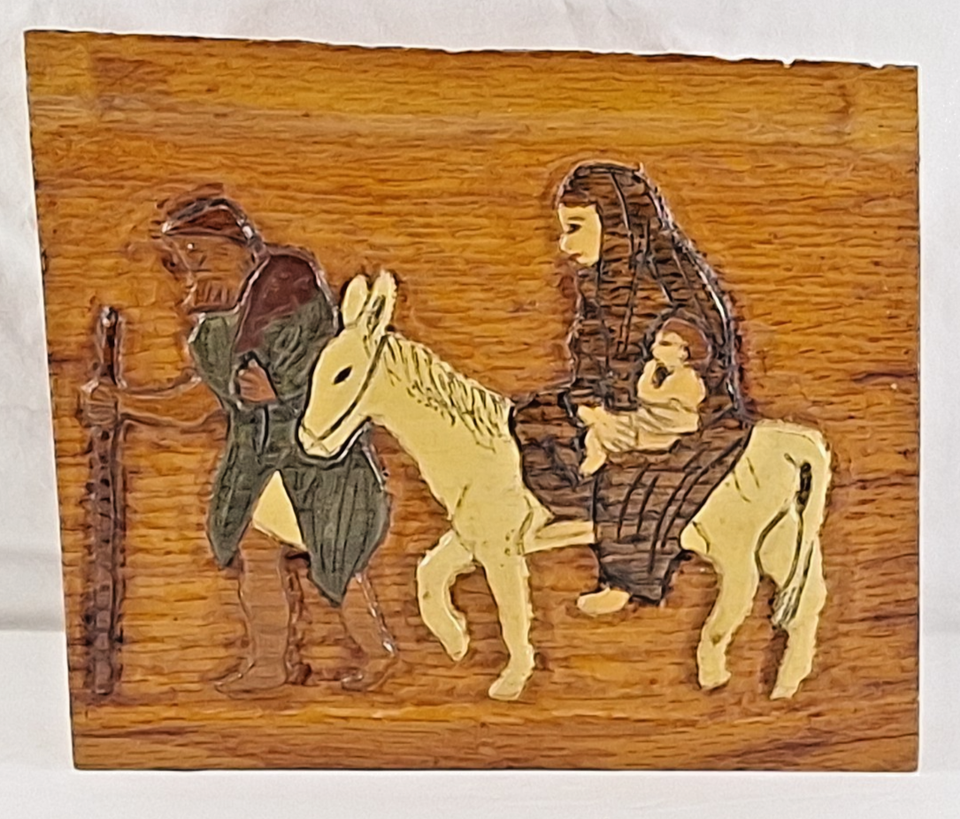 Hand Carved Painted Signed Wooden Flight into Egypt Artisan Crafted J ...