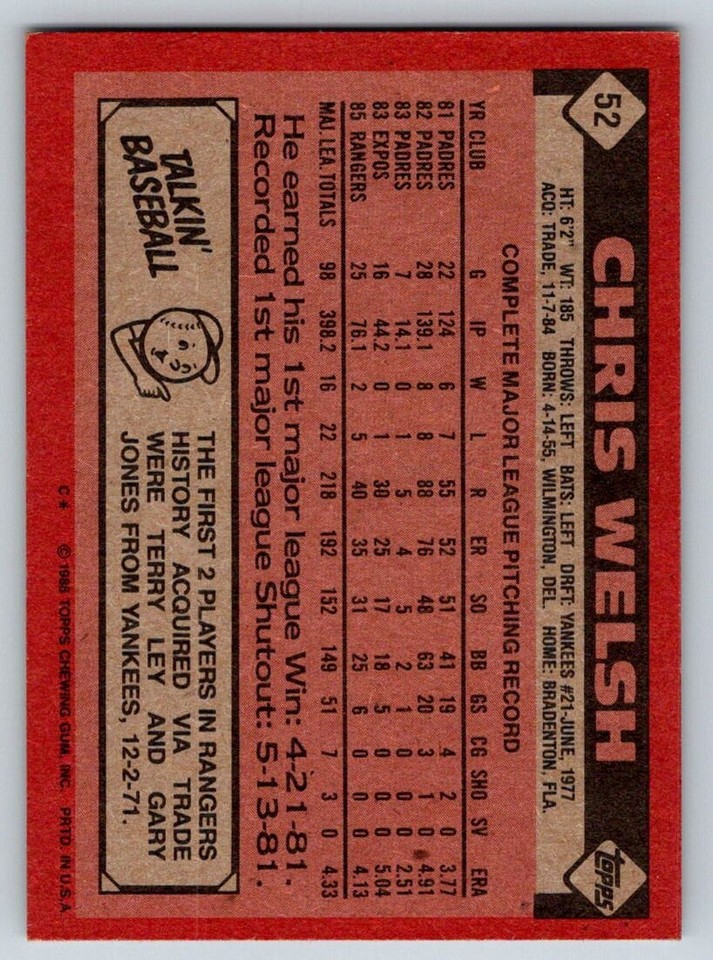 1986 Topps #52 Chris Welsh Texas Rangers | eBay