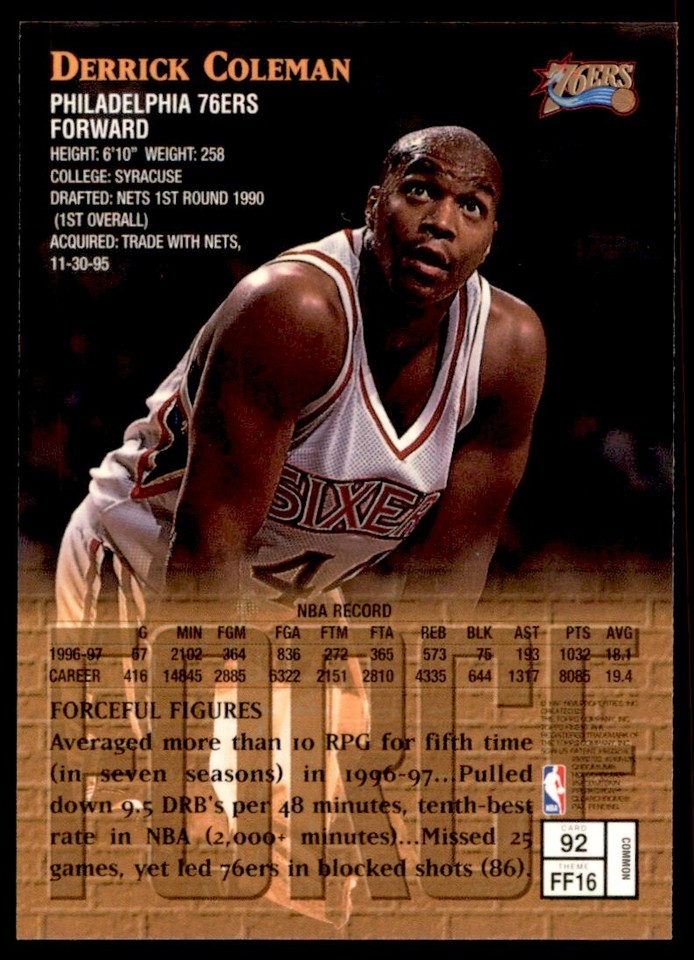 1997-98 FINEST WITH COATING DERRICK COLEMAN PHILADELPHIA 76ERS #92 | eBay