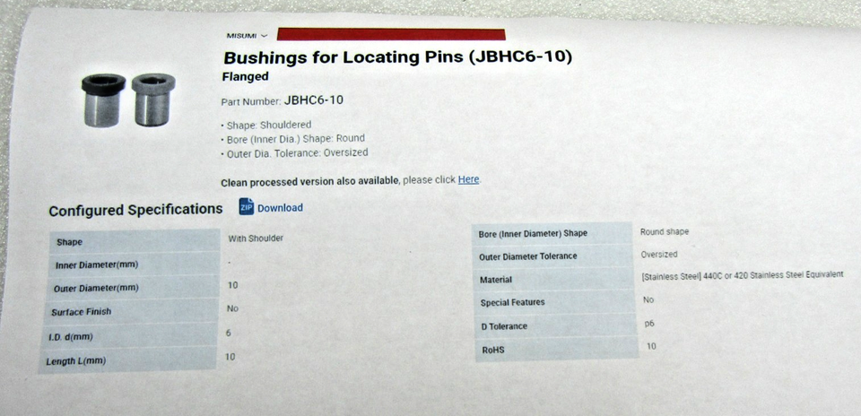 Misumi JBHC6-10 Flanged Steel Bushing for Locator Pin 6mm IDX 10mmOD 12 ...